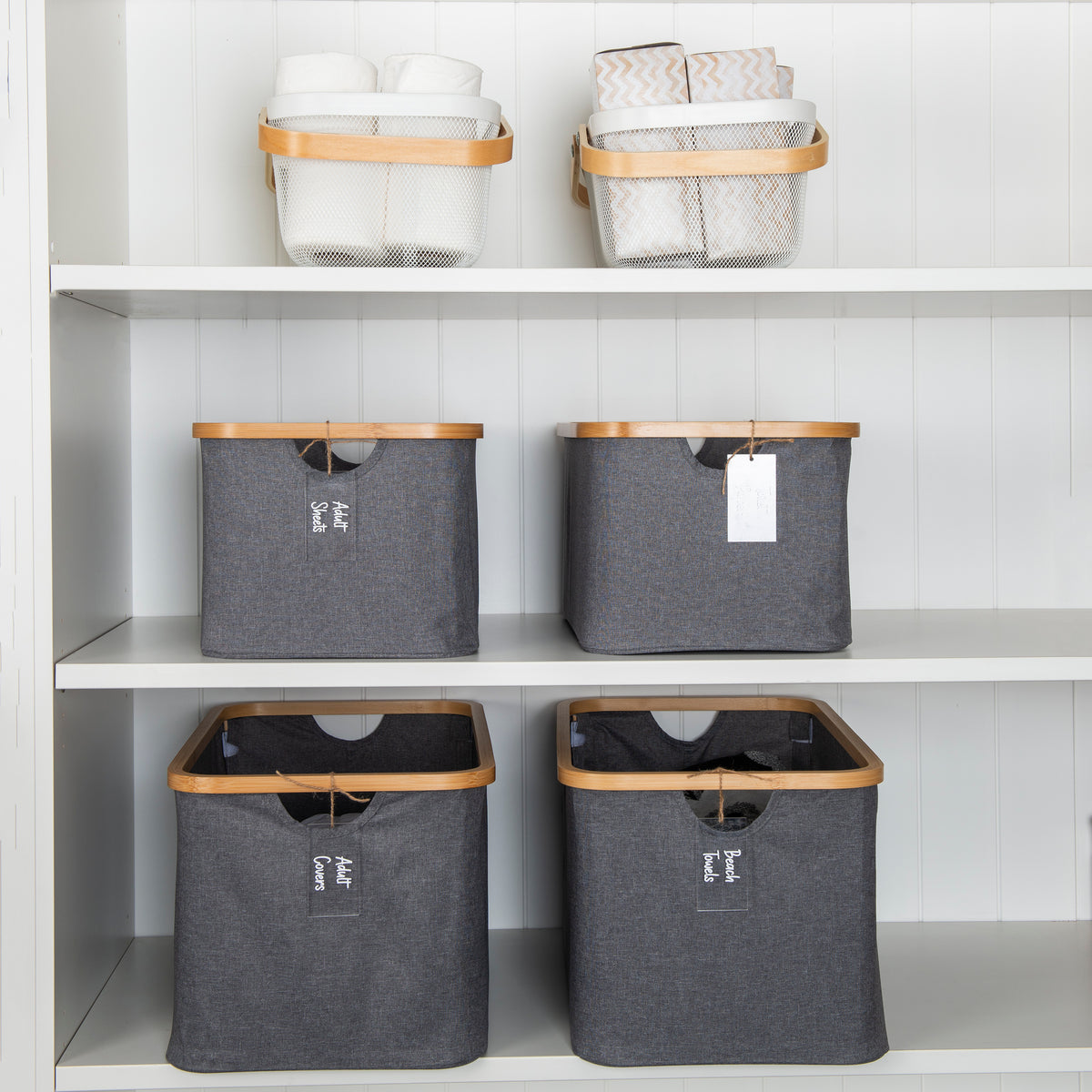 Dark Grey Linen Storage Basket and White Mesh Handy Basket - 6 Set ...