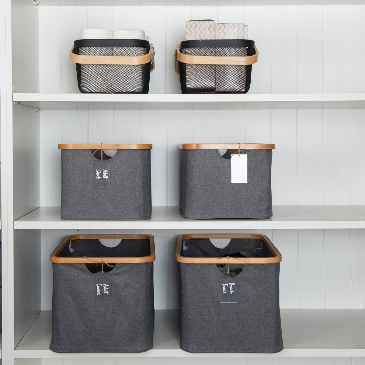 Dark Grey Linen Storage Basket and Black Mesh Handy Basket - 6 Set ...