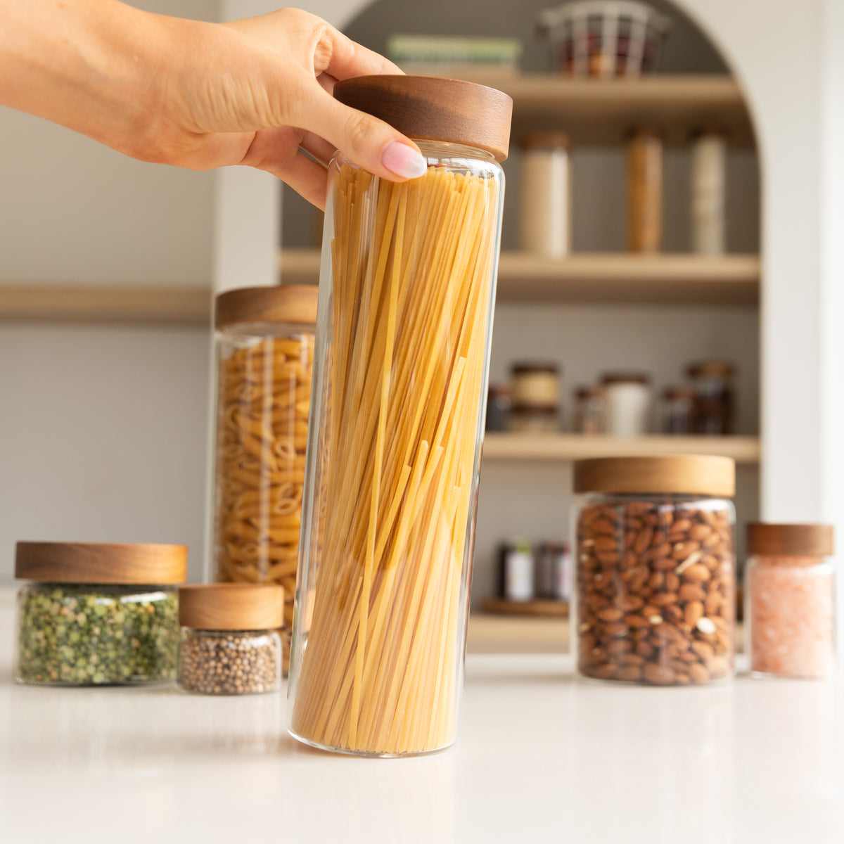Acacia Wood Glass Pasta Storage Jar 1.2L for Pantry Organisation ...