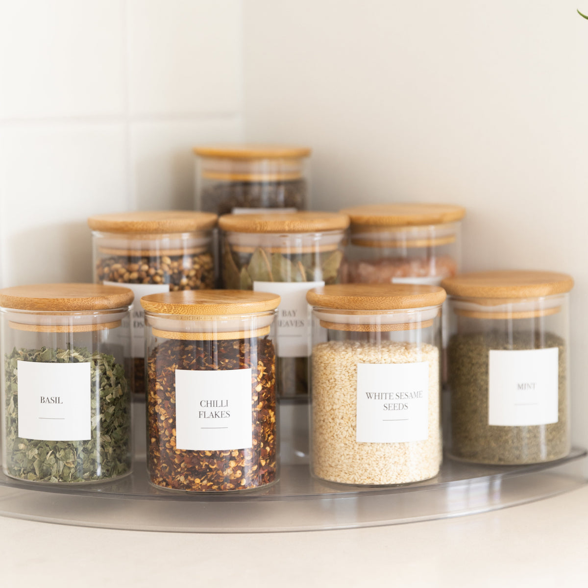 Clear 3-Tier Corner Spice Rack with 8x 200ml Spice Jars - Little Label Co
