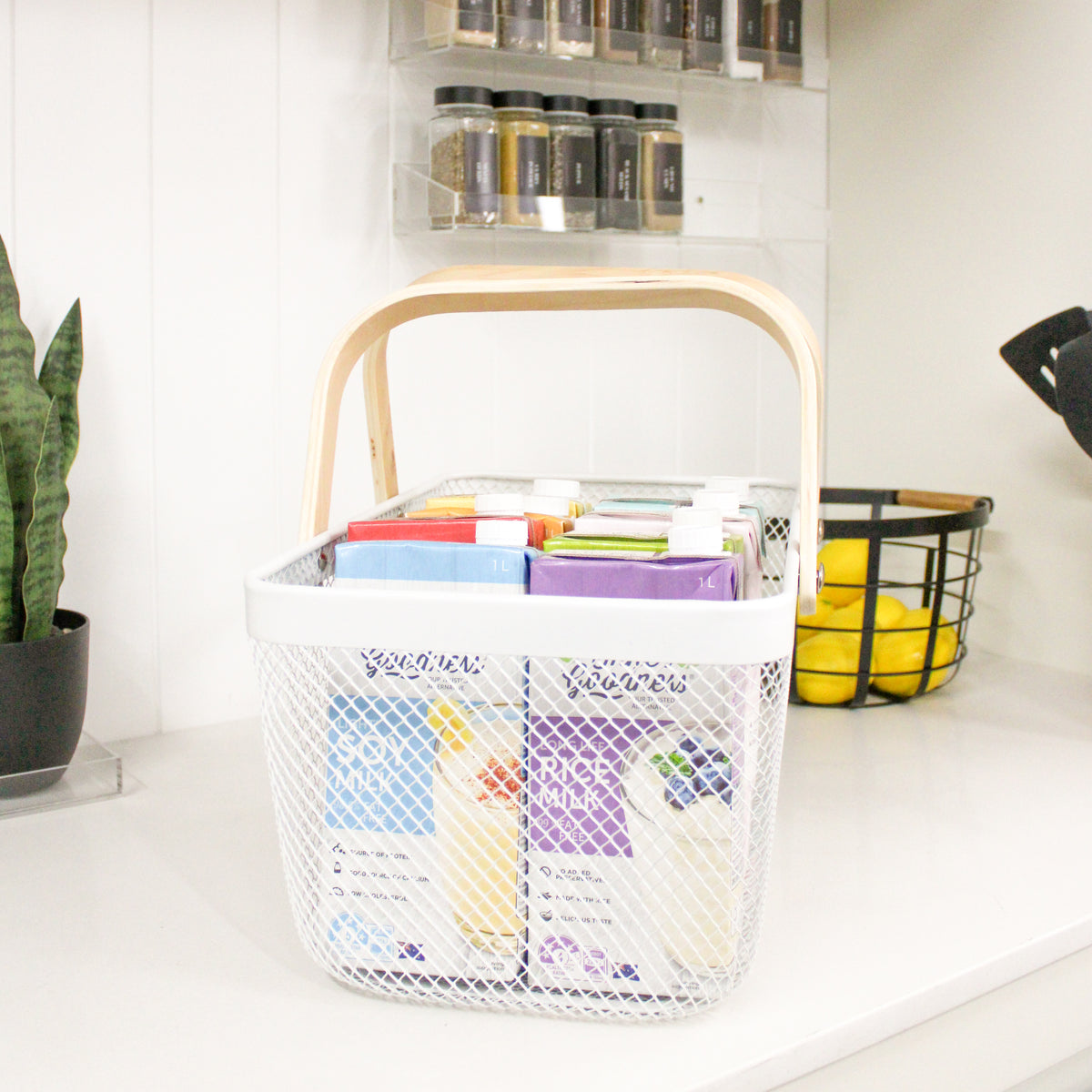 Large Mesh Storage Basket with Wooden Handle White - Little Label Co
